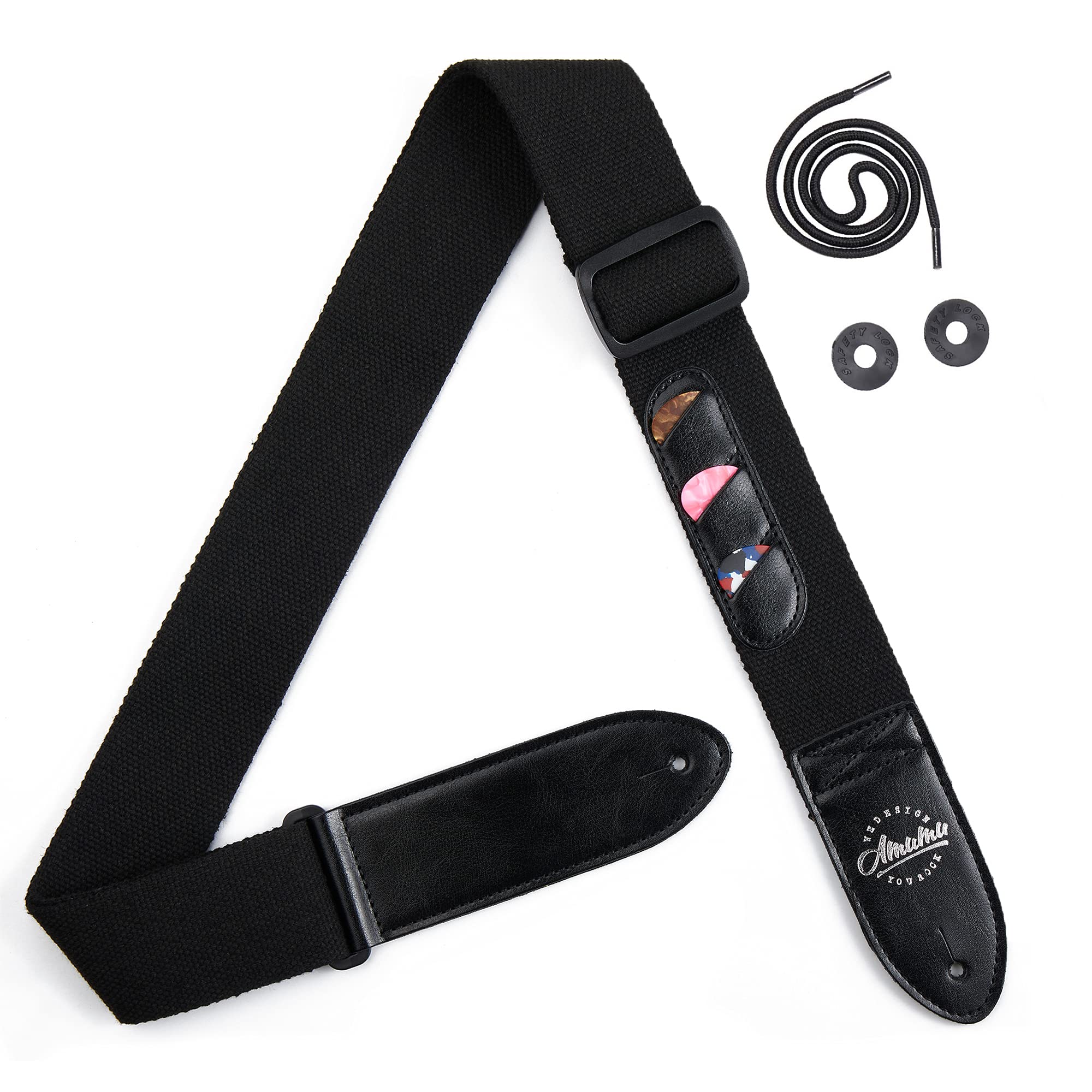 Amumu Guitar Strap Soft Cotton with 3 Pick Holders for Electric, Acoustic, Bass Guitar - Red