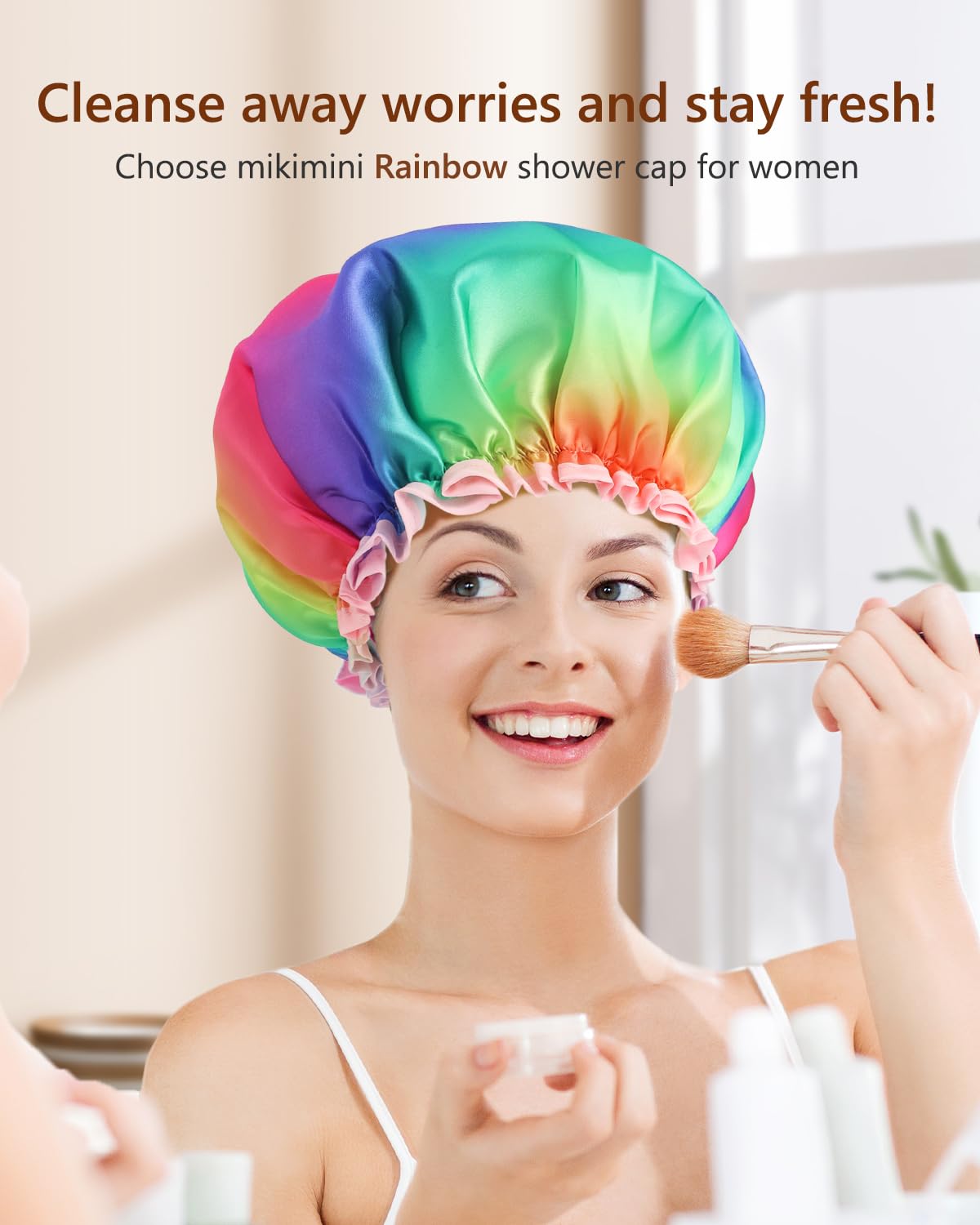 mikimini Shower Cap for Women Long Hair, 2 Pack,Double Layer Waterproof, X-Large, Reusable, Washable, No Smell, Rainbow Fashion Shower Cap