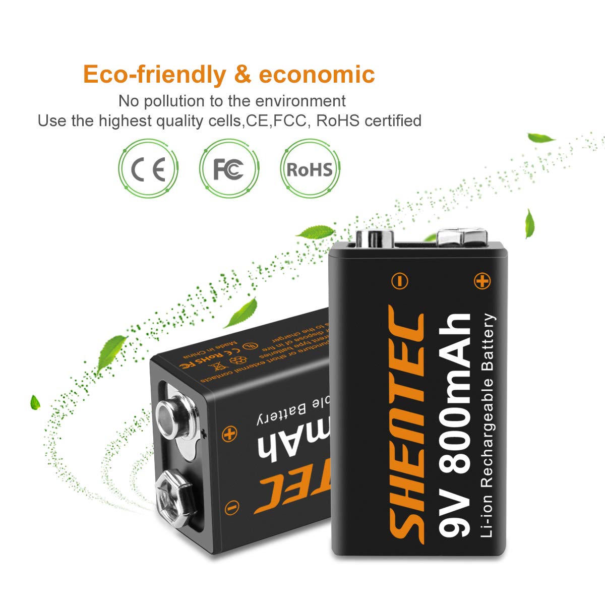 Shentec 9V Rechargeable Lithium Batteries, 800mAh Low Self-Discharge Square 9 Volt LithiumBattery for Alarms, Wireless Microphones, Smoke Detectors, Toys, Flashlights and More(4-Pack)