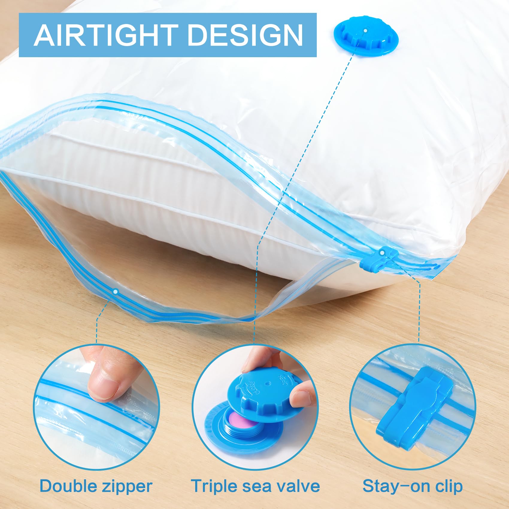 8 Pack Large Vacuum Storage Bags, Space Saver Vacuum Bags, Large Vacuum Seal Bags For Clothing, Clothes, Pillows, Comforters, Blankets, Bedding with Hand Pump