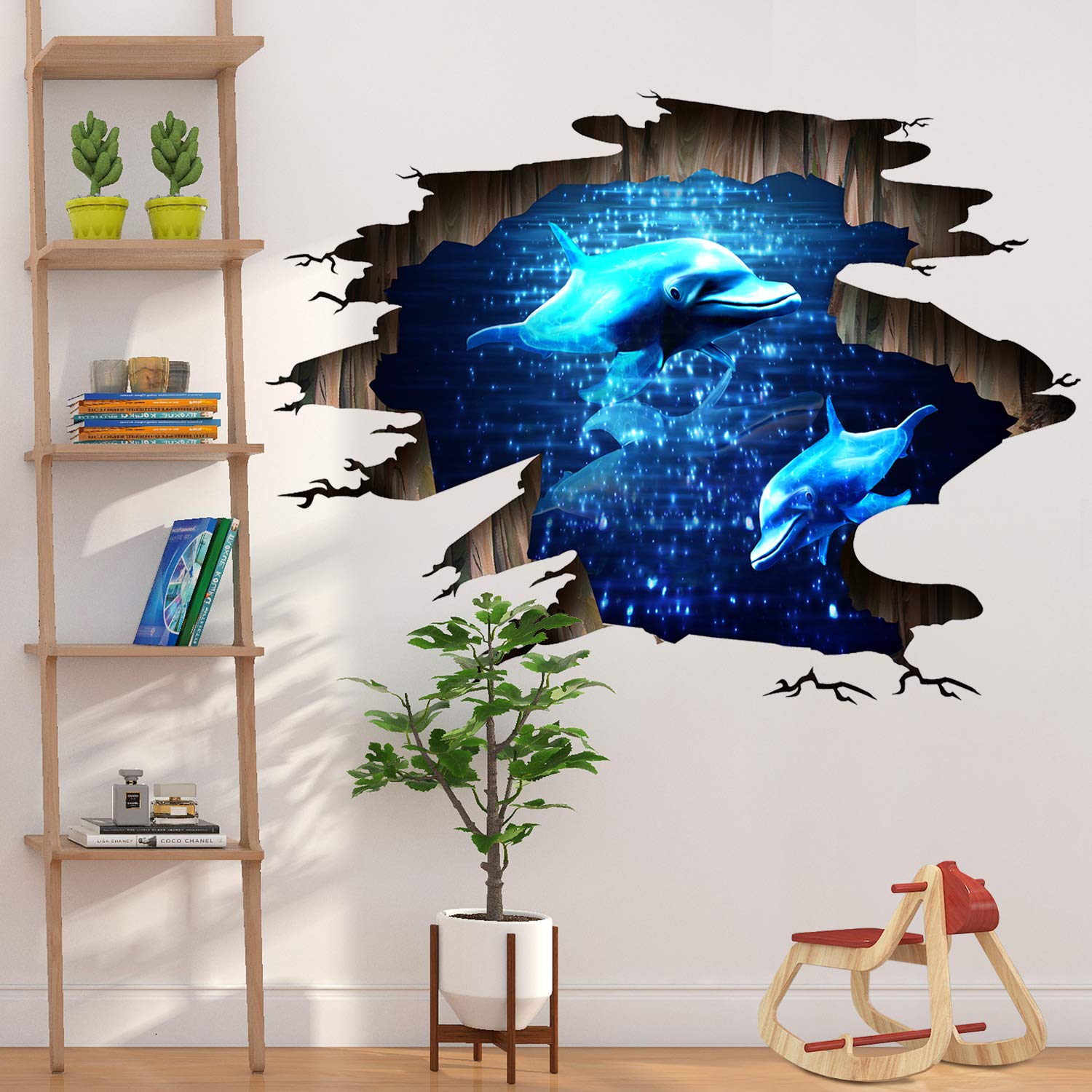 3D Galaxy Universe Scene Blue Cosmic Wall Decals Removable Magic 3D Milky Way Outer Space Dolphin Planet Starry Sky Stars Wall Decals for Kids Bedroom Ceiling Living Room Nursery