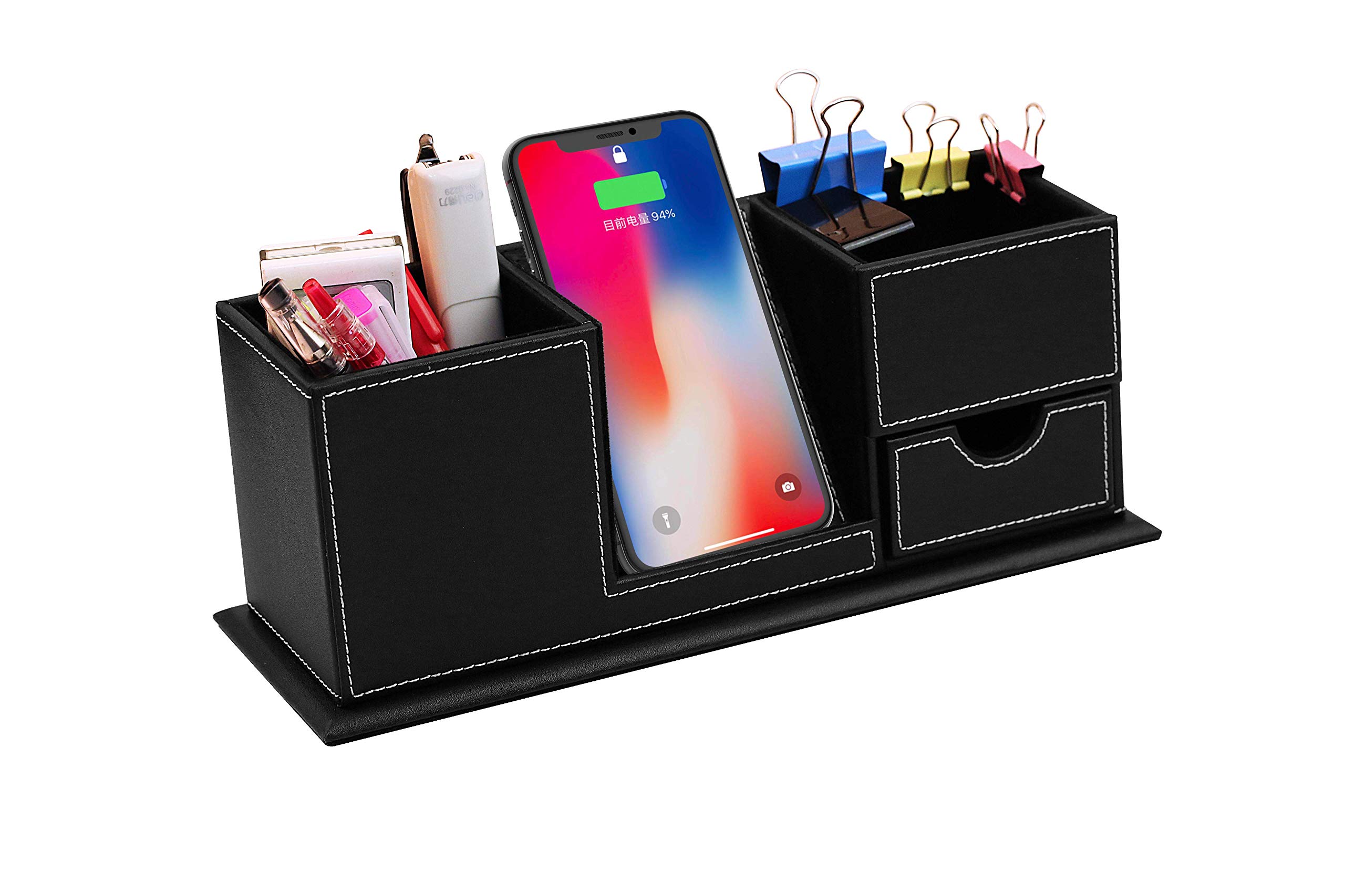 PowEver Qi Wireless Charging Stand with Desk Organizer Upgrade 15W Pen Holder Charger for iPhone Samsung and Other QI-Enabled Devices