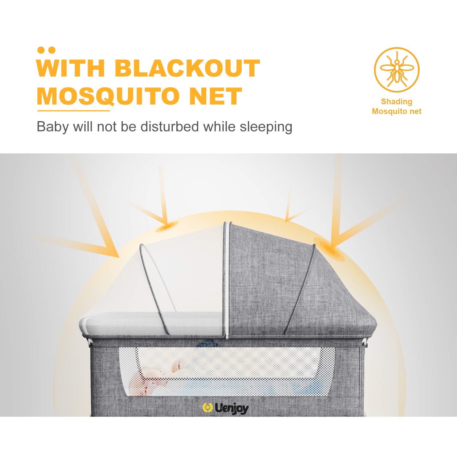 Uenjoy Baby Bassinet, Bedside Sleeper,Foldable Baby Bed to Bed, Adjustable Portable Bed for Infant/Baby/Newborn,with Mosquito Nets, Large Storage Bag, Comfortable Mattresses, Lockable Wheels,Gray