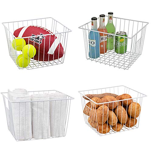 Freezer Organizer Bin, Kitchen Metal Wire Storage Basket, Pantry Cupboard Household Container Divider with Handles, Bathroom, Closet, Bedroom, Office, Rustproof - White(4)