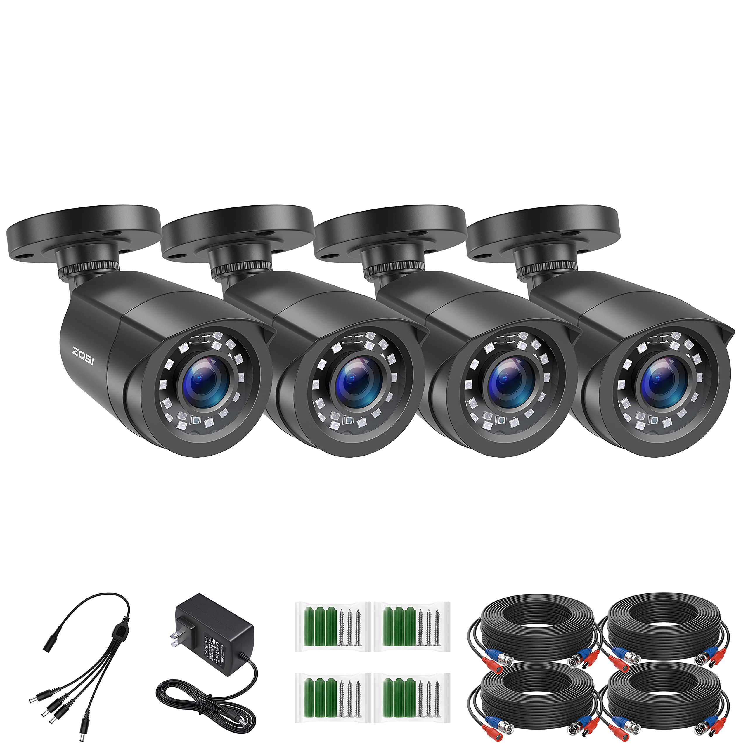 ZOSI 4 Pack 2MP 1080p HD-TVI Home Security Camera Outdoor Indoor 1920TVL,24PCS LEDs,80ft Night Vision, 90Β°View Angle, Weatherproof Outside Surveillance CCTV Bullet Camera(Black)