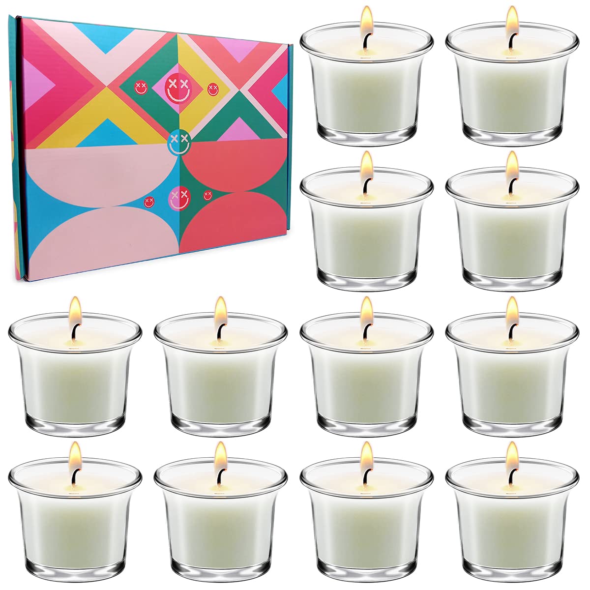 Off-White Tealight Candles in Glass, 12 Packs Small Unscented Soy Wax Candles for Wedding, Party, Holiday, Dinner Tables, 1.7 Inch Diameter