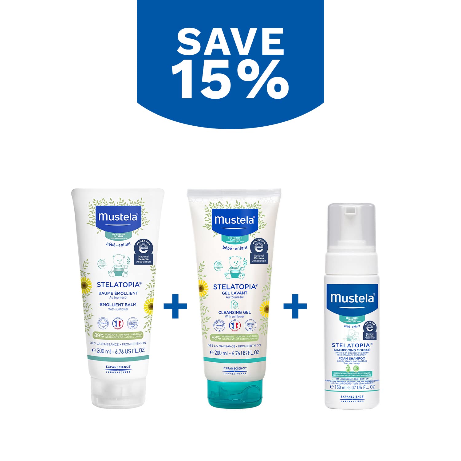 Mustela Stelatopia Eczema-Prone Skin Bath Time Gift Set - Baby Skin Care Essentials - with Natural Avocado & Sunflower Oil - 3 Items Set