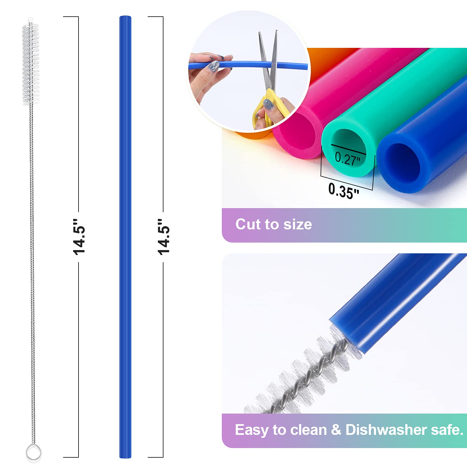 ４ Pack, Extra Long 15 Inch Reusable Silicone Straws for Large Water Bottle, Wine Bottle - 1 Gallon 128 75 64 OZ Tumbler - Flexible Drinking Straws for Extra Tall Cups - 2 Cleaning Brushes