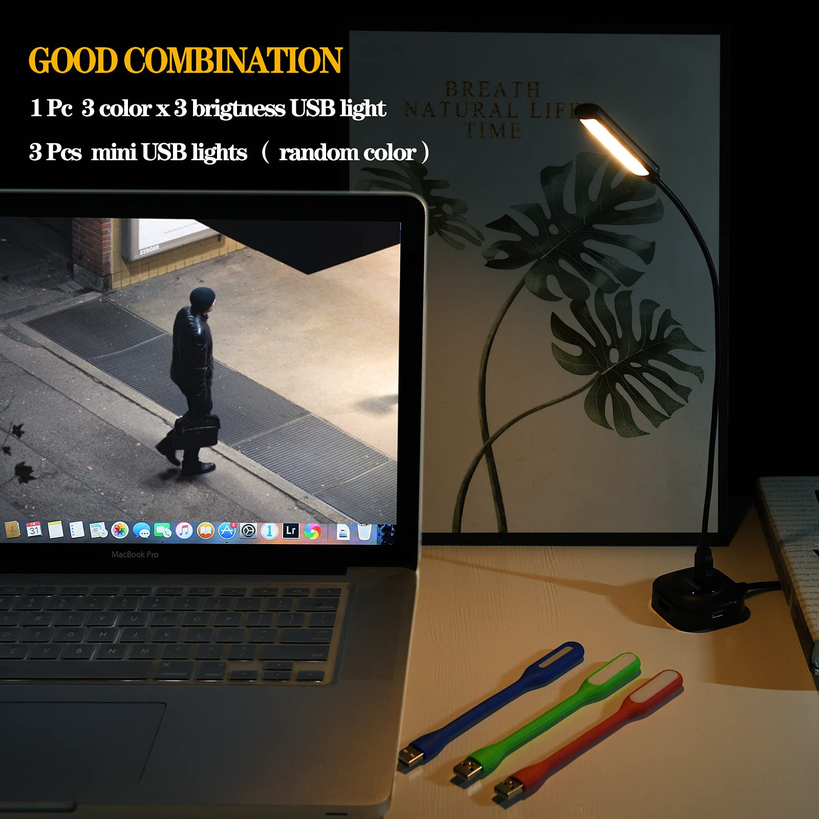 ORIEMARS USB Reading Light, Laptop Light,Keyboard Light for Computer Adjustable Gooseneck, 3 Color x 3 Brightness USB Lamp/1pc + 3pcs Mini LED Lights (1 + 3)