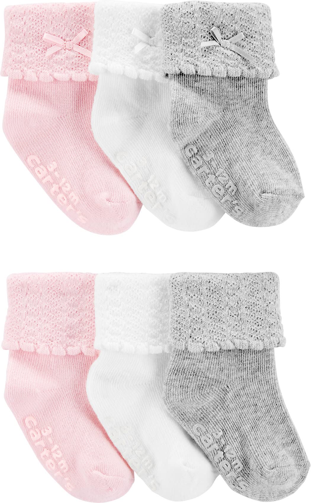 Carter's Baby Girl Folded Cuff Socks (6 Pack), White/Pink/Grey, 0-3 Months