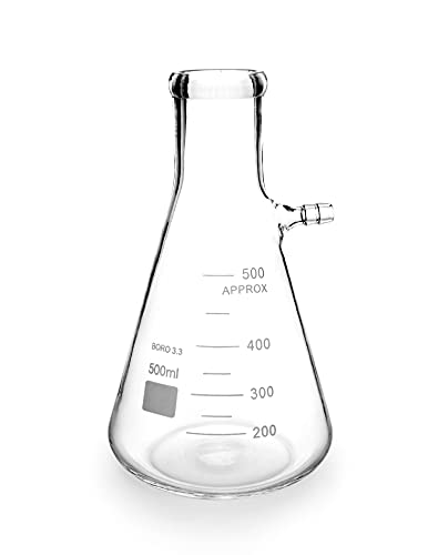 QWORK Filtering Flask with Upper Tubulation, 500ml Heavy Duty Borosilicate Glass Conical Shape Filtering Flask Narrow Mouth and Top Finish with Integral Side Arm, Single