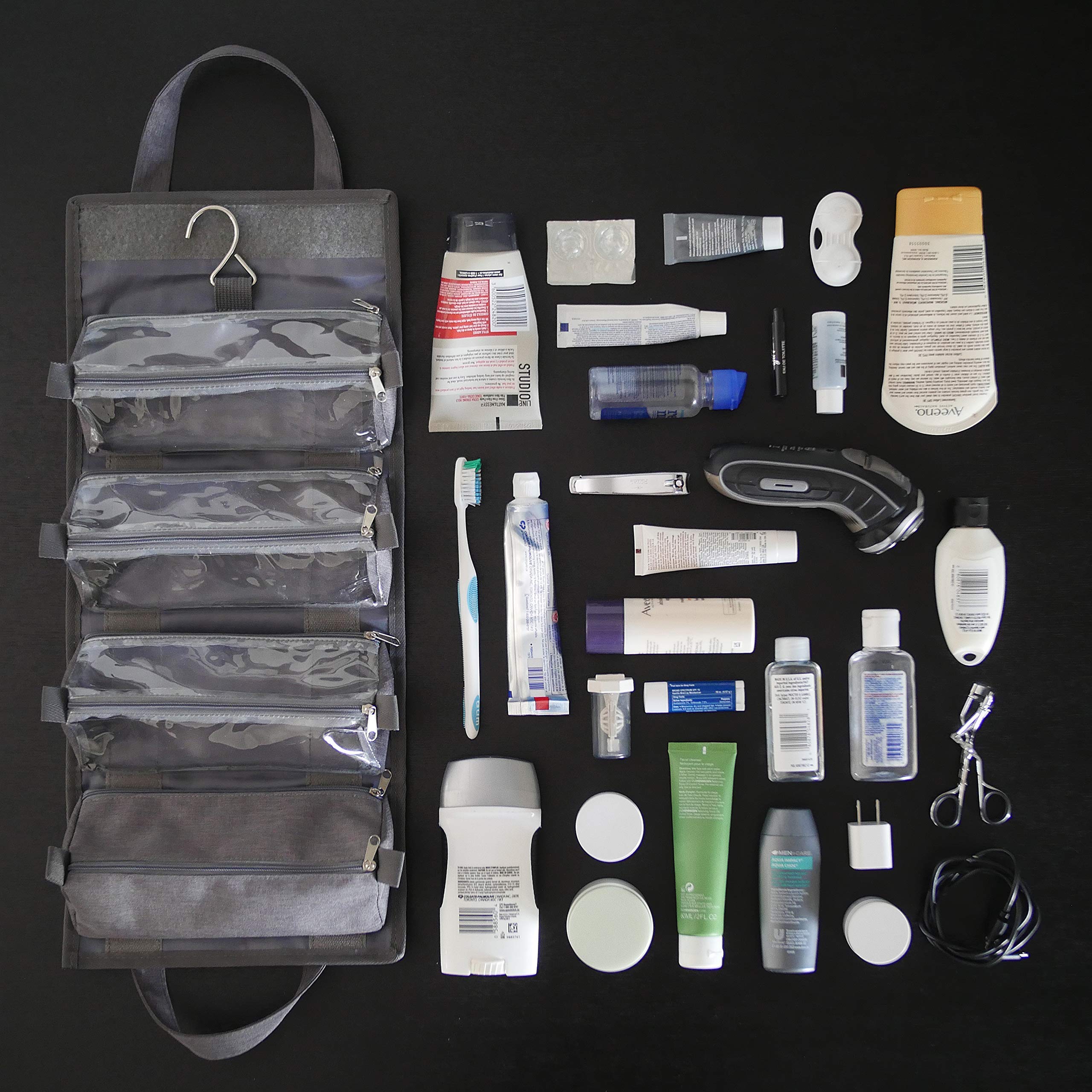 BrigHaus Roll Up Hanging Toiletry Travel Bag for Women & Men - Compact Cosmetic Kit with Hook | Waterproof, TSA Approved Removable Carry On Pouches (Heather Gray)