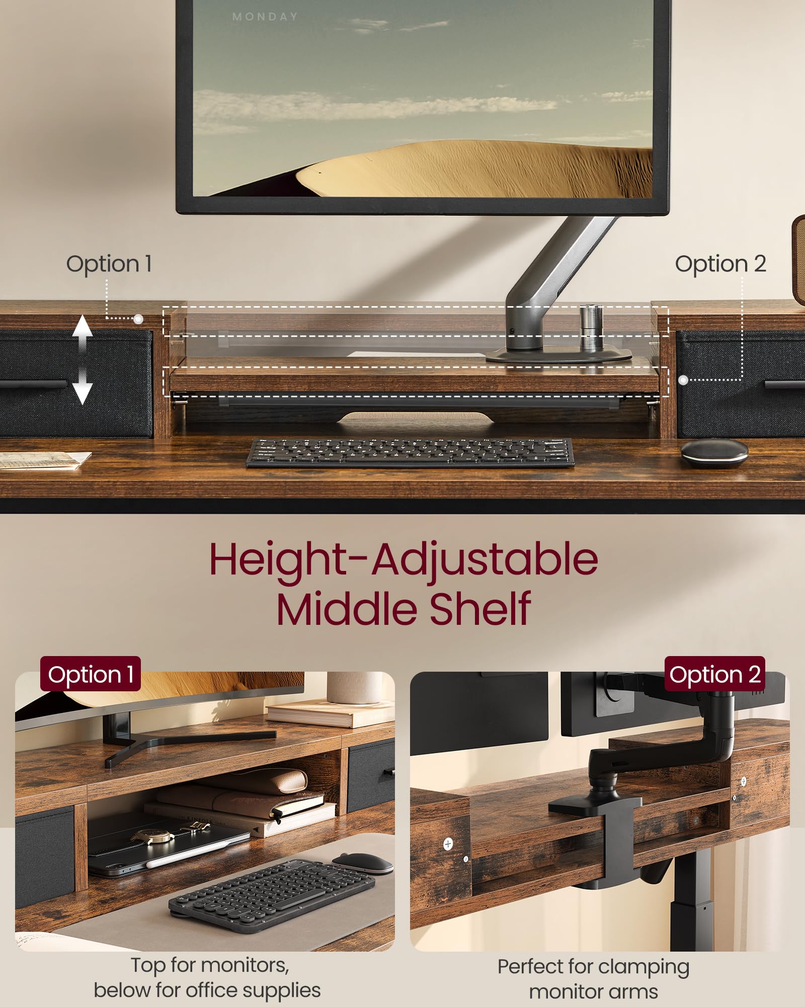 VASAGLE Electric Standing Desk with Drawers, Sit Stand Desk with Built-in Power Strip, Adjustable Height, 23.6 x 47.2 Inches, 2 Hooks, Memory Function, for Home Office, Rustic Brown ULSD182X21
