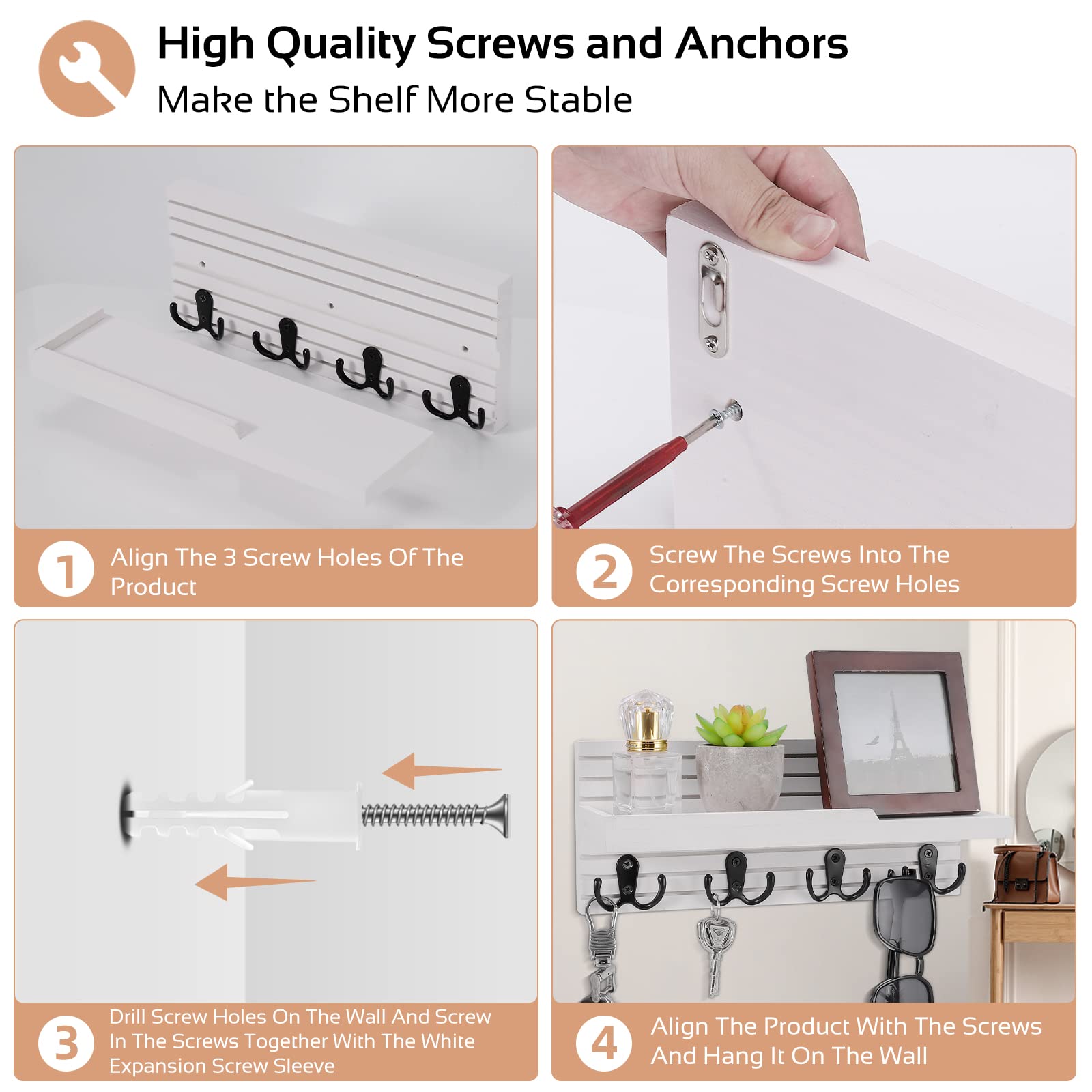 WeBravery Decorative Key Hanging Rack with 4 Double Hooks β Easy Install Natural Wooden Key and Mail Holder for Wall Mount β Entryway Decor Rack with Shelf (White)