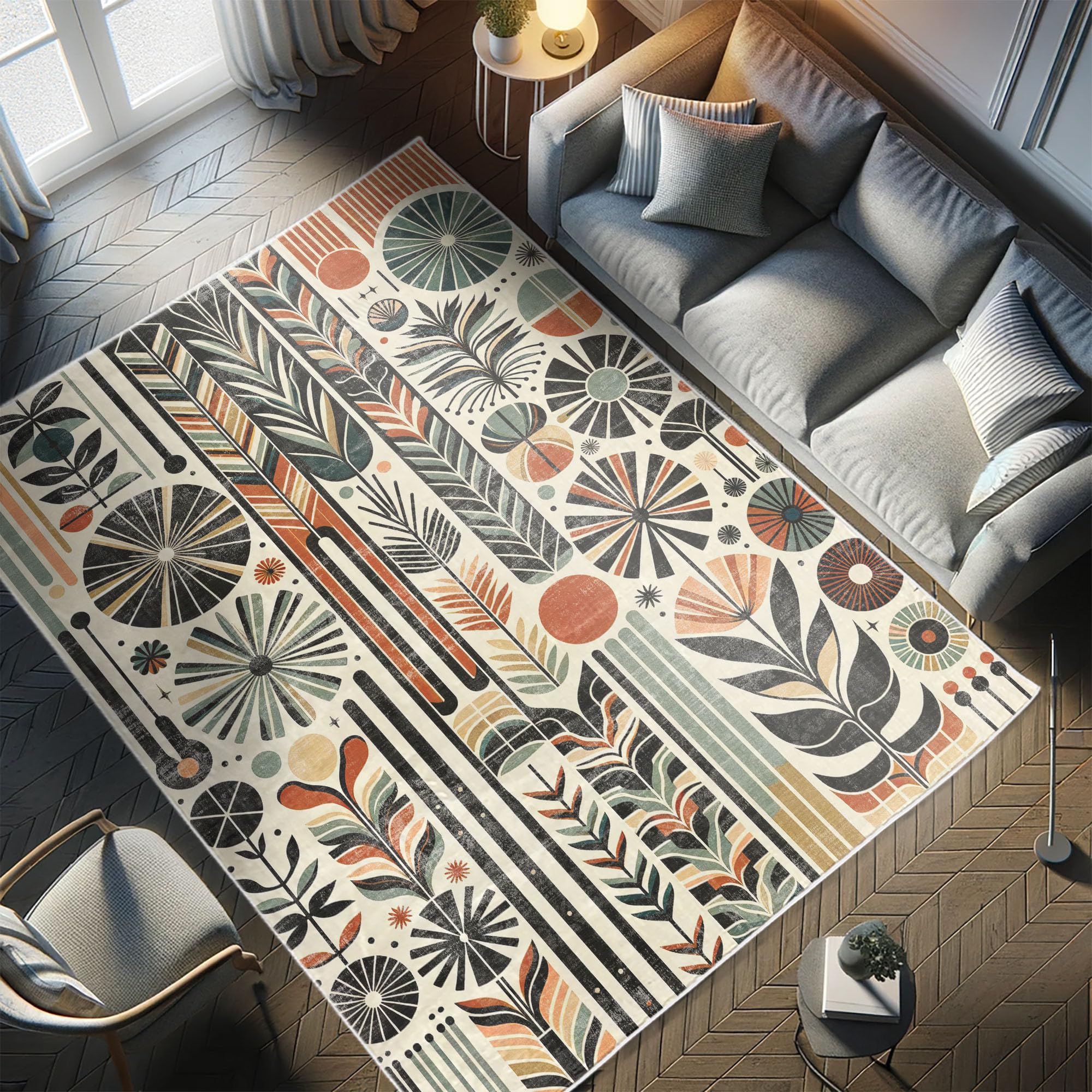 Ambesonne Bohemian Decorative Rug, Retro Mid Century Inspired Abstract Patterns on Ivory Background, Quality Carpet for Bedroom Dorm and Living Room, 4' X 5' 5", Dark Orange and Reseda Green