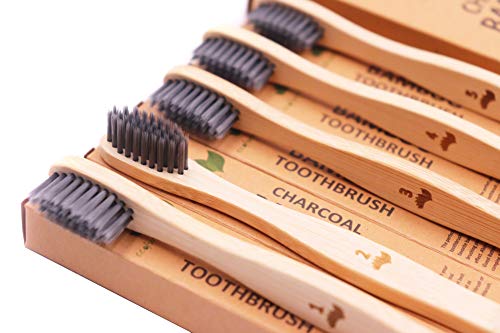 ECOFWORLD Soft Charcoal Bamboo Toothbrush - Natural Wooden Organic | USDA Certified Eco-Friendly | Extra Soft BPA Free Bristles Biodegradable | Individually Packed (Adults - 5 Pack)