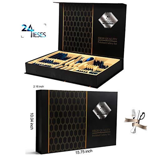 Blue Silverware Set&24-Piece Stainless Steel Flatware Service for 6, Mirror Finish Cutlery Set with Gift Box