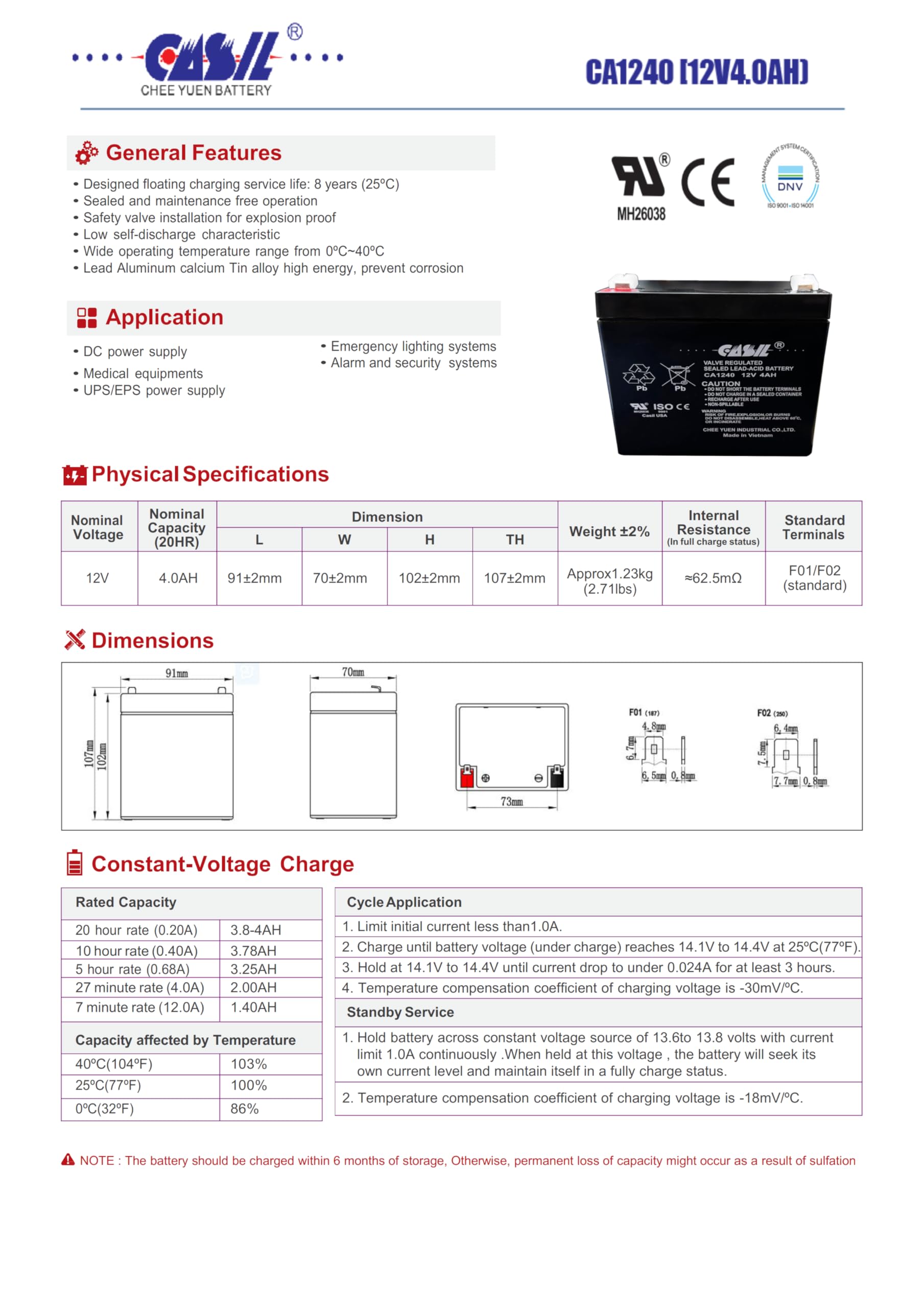 Casil CA1240 Genuine 12V 4Ah SLA Alarm Battery
