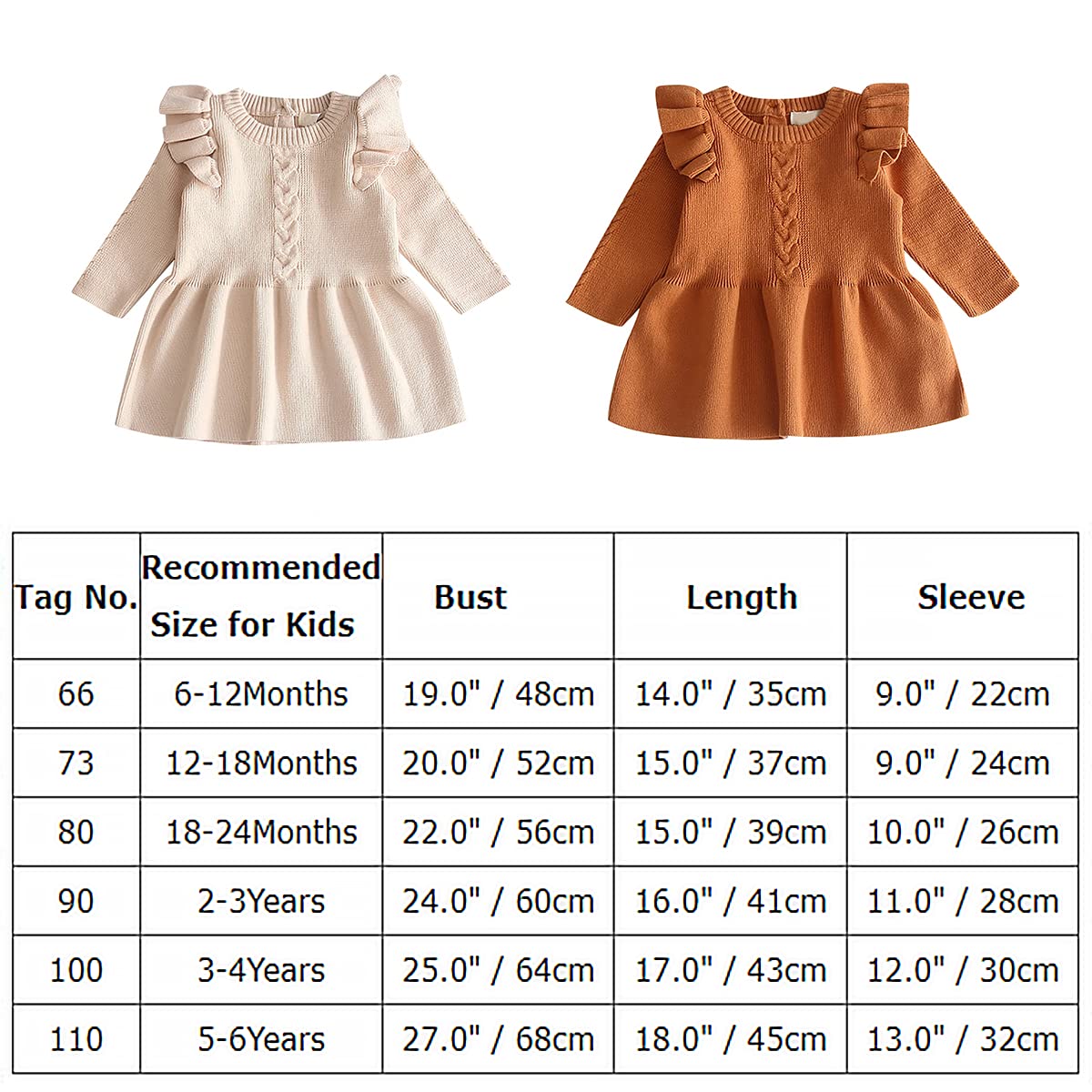 Toddler Baby Girl Knit Sweater Dress Cute Kids Solid Ruffle Long Sleeve Dresses Top Fall Winter Warm Outfits Clothes Apricot Ruffle 2-3 Years