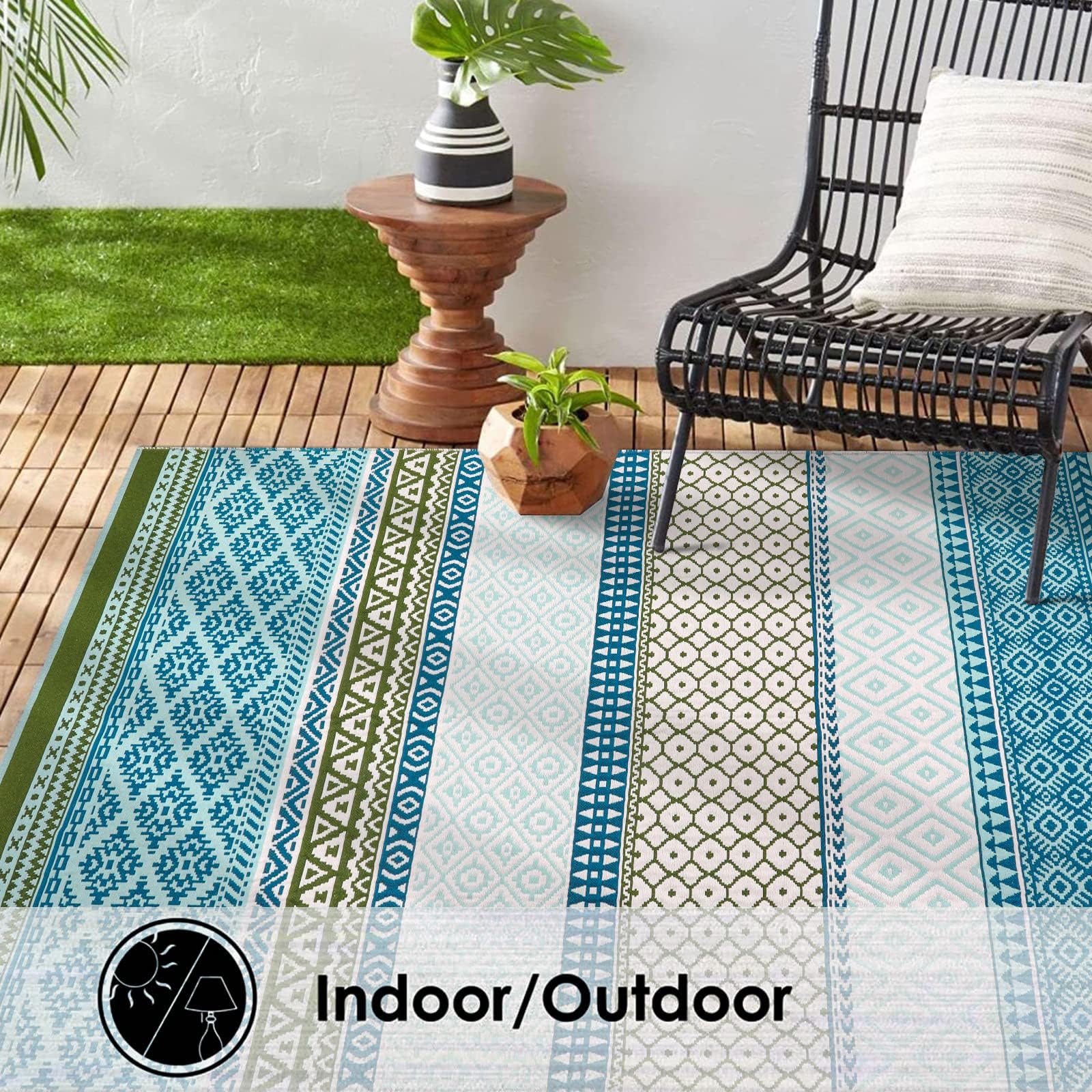 Collive Indoor Outdoor Rug 4'x6', Tribe Machine Washable Rug,Non-Shedding Reversible Carpet for Living Room, Dining Room, Patio Clearance, Deck, Front Porch - Teal