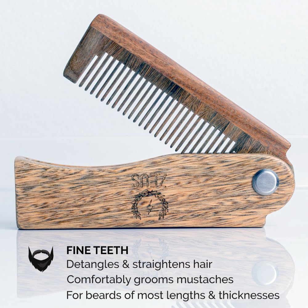 ZEUS Folding Mustache & Beard Sandalwood Comb, Handmade Saw-Cut Wooden Moustache & Beard Pocket Comb for Men (F31)