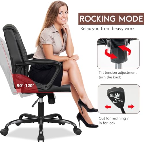 PayLessHere PU Leather Task Chair Home Office Chair Ergonomic Desk Chair with Lumbar Support and Armrests Adjustable Features with Mid Back Swivel Executive Computer Chair (Black)