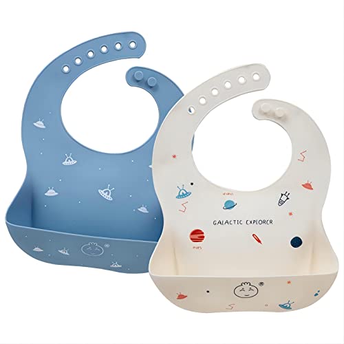 Little Dimsum Silicone Baby Bibs Soft Comfortable Baby Food Bibs Waterproof Feeding Bibs Toddlers Adjustable Silicone Bibs Baby with Food Catcher Easy Wipes Clean,Glatic&spaceship