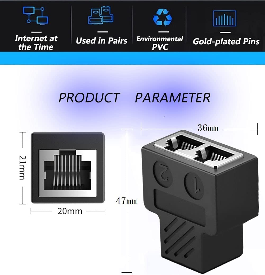 RJ45 Ethernet Splitter Adapter, 2 Pack 1 to 2 Ethernet Splitter 8P8C Socket Extender to Connect to LAN Network Internet Splitter Adapter, for Cat5, 5e, Cat6, Cat7, Black