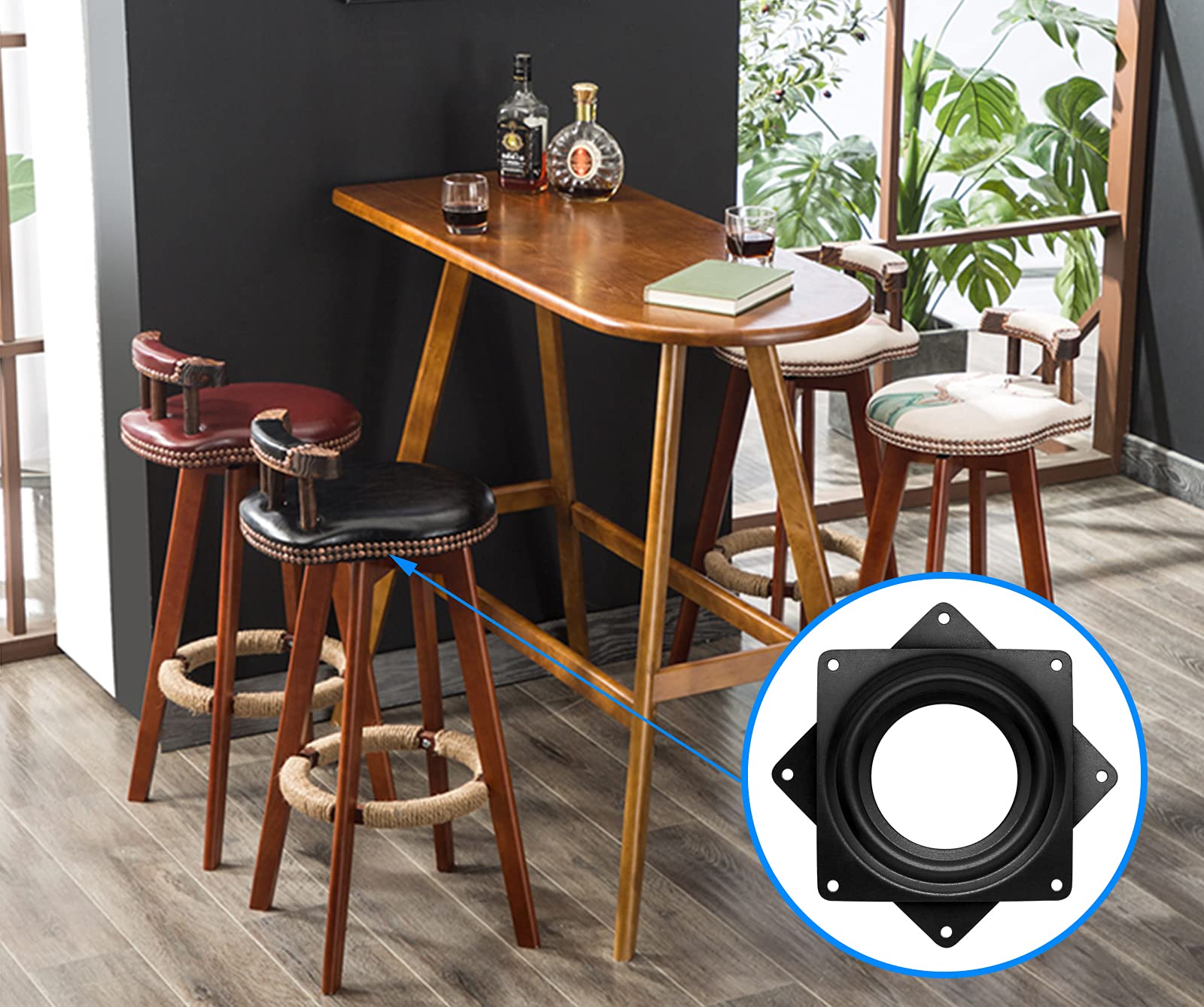 4 Pcs 4 Inch Square Rotating Bearing Plate, 300lbs Capacity Turntable Bearing Swivel Plate for Serving Trays, Kitchen Storage Racks, Makeup Holder - 5/16-Inch, Thick Black