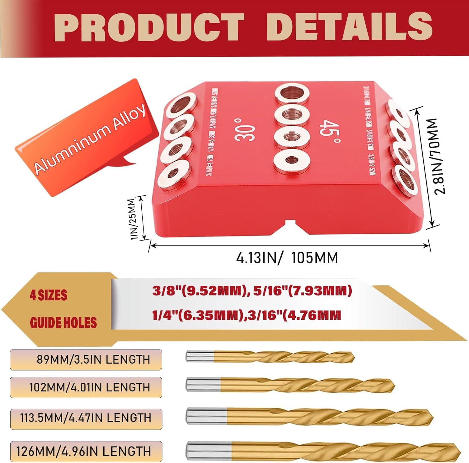 30 45 90° Angle Drill Guide Jig with 4 Size Bits, Durable All-Metal Drilling Jig for Drilling Straight and Angled Holes, for Cable Railing Lag Screw Kit Wood Post,Railing Deck Stair Handrail (5 Pcs)