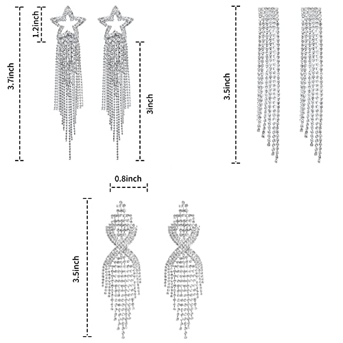 3 Pairs Crystals dangle earring,Star ear stud pave crystal,Silver teardrop crystal long tassels dangle Boho 925 Silver fringe Drop Long chandelier earrings