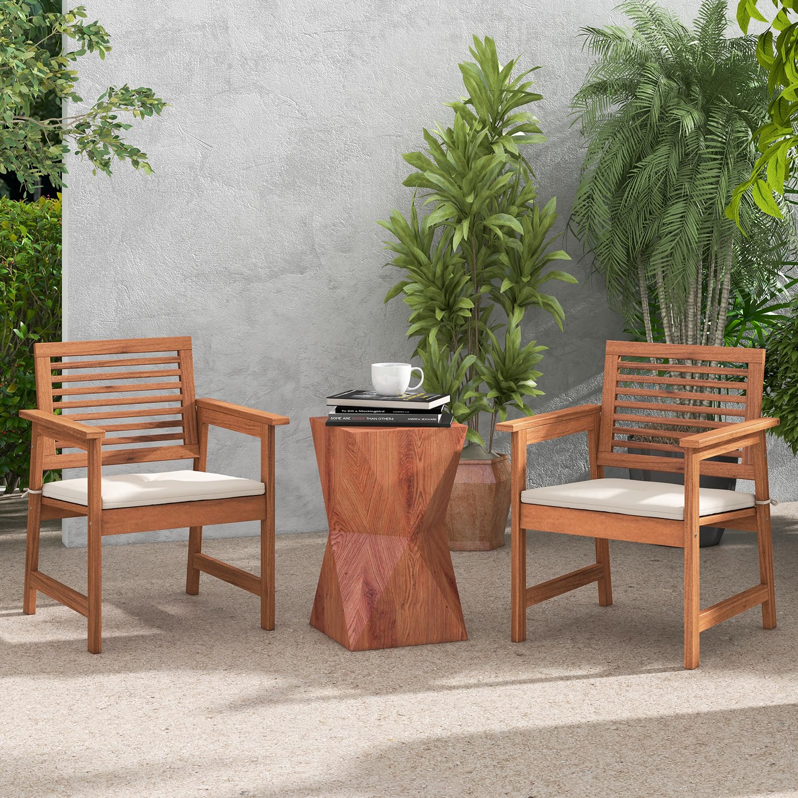 Tangkula Outdoor Dining Chairs Set of 2, Weather-Resistant Heavy Duty Slatted Wood Patio Chairs with Soft Padded Cushions, for Deck, Garden, Poolside, Balcony (2, Off White)