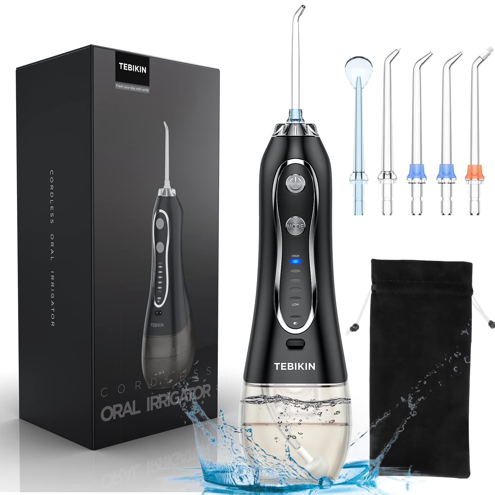 TEBIKIN Cordless Water Flosser Portable Dental Professional Oral Irrigator with Gravity Ball Powerful Travel Water Teeth Cleaner with 5 Levels 5 Tips IPX7 Waterproof 300ML for Home Travel