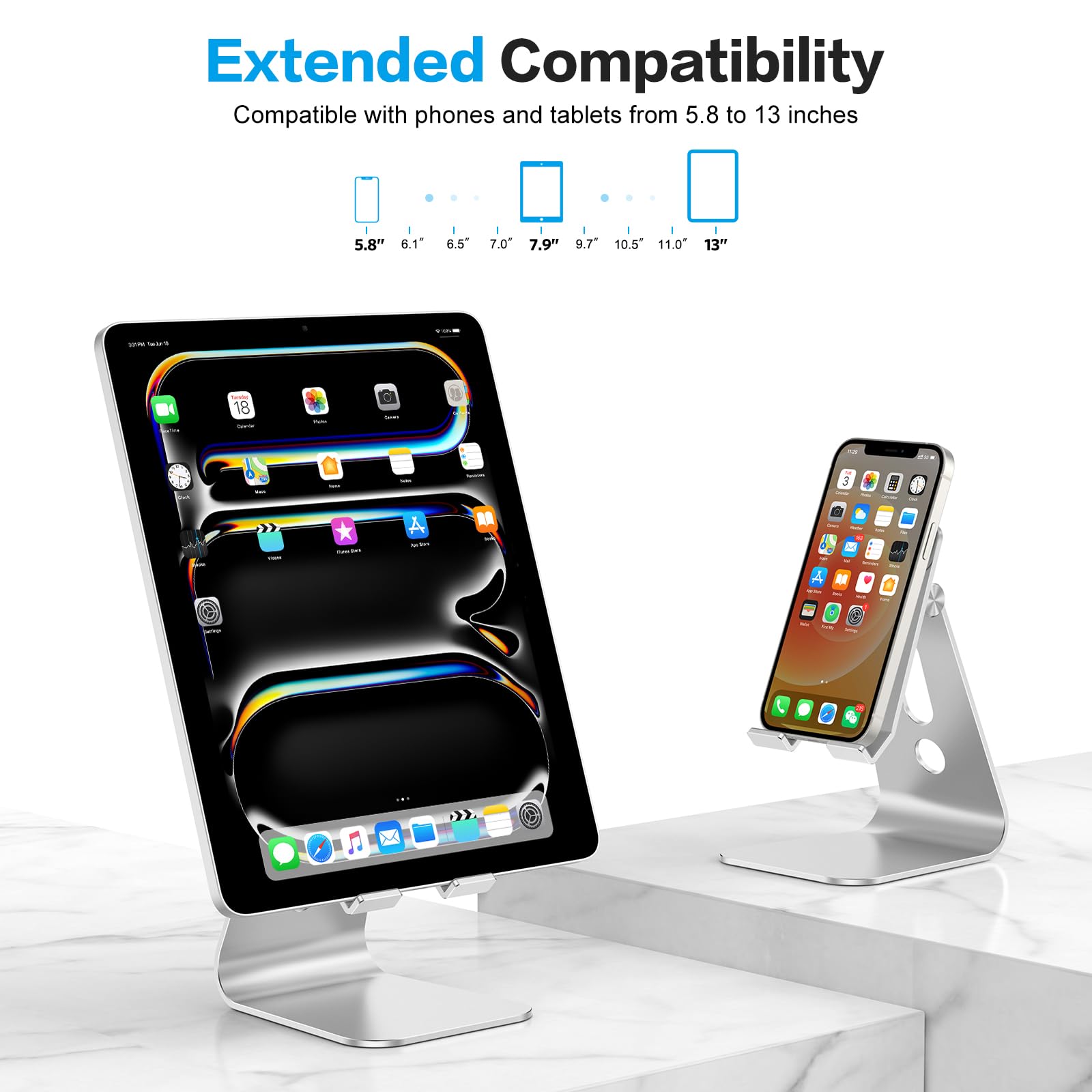 OMOTON Adjustable Tablet Stand for Desk, Upgraded Longer Arms for Greater Stability, T2 Tablet Holder with Hollow Design for Bigger Sized Phones and Tablets Such as iPad Pro/Air/Mini, Silver
