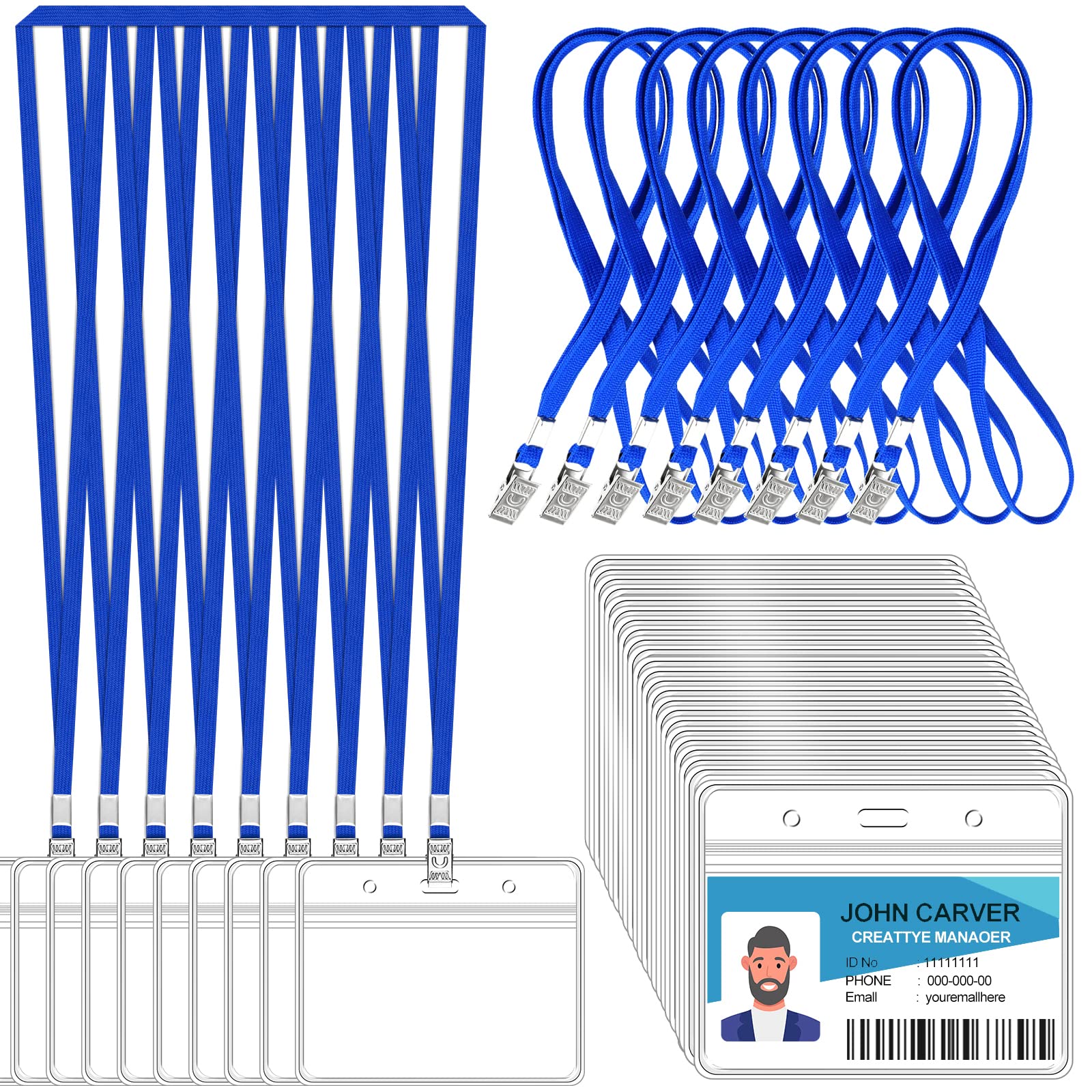 50 Pcs Clear Horizontal Badge ID Card and 50 Pcs Lanyard, Reusable Lanyards for Id Badge Holder Name Tag Badge Holder with Lanyards for Adults Kids Business School Conferences (Blue)