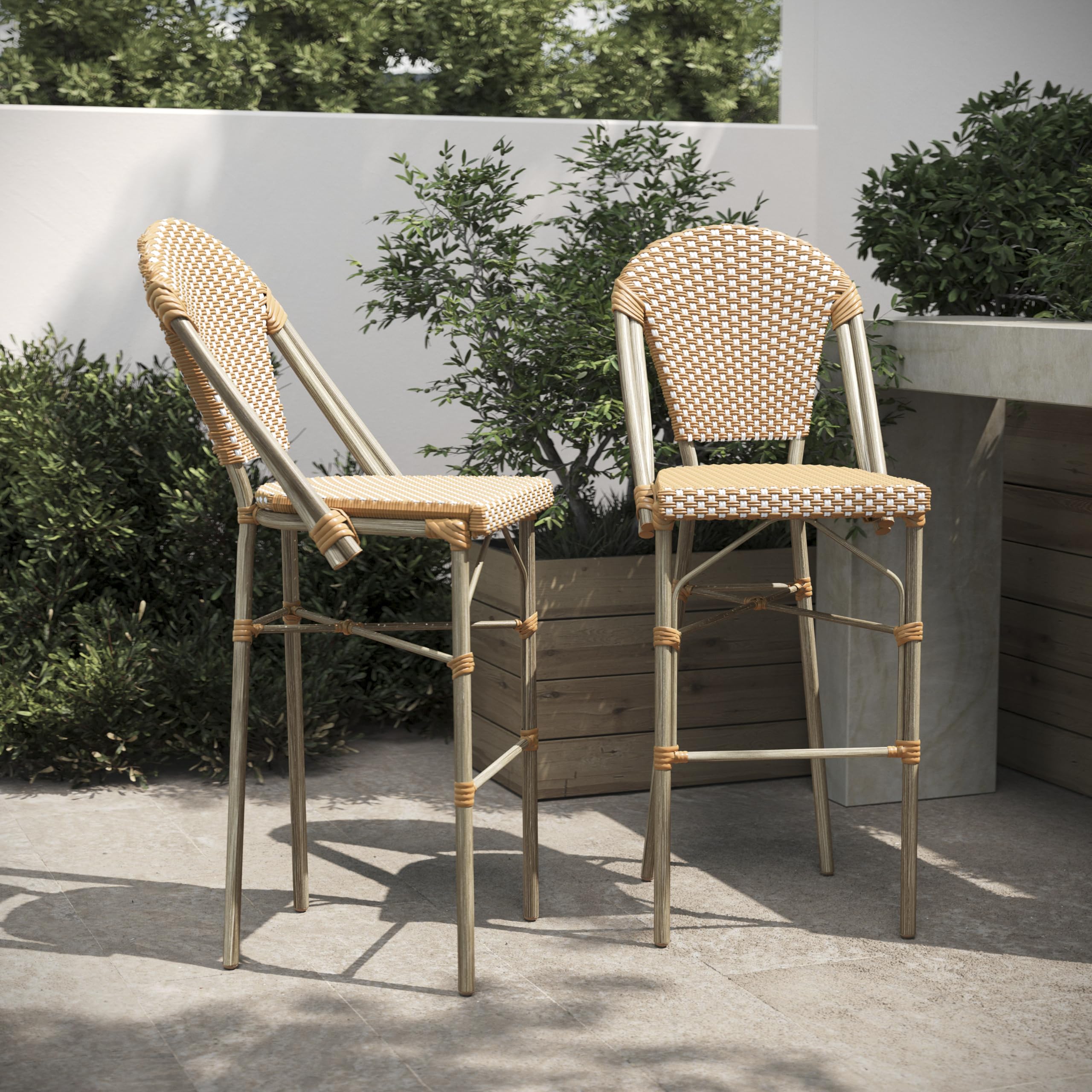 Flash Furniture Lourdes Commercial Grade Bistro Barstool, Stackable Indoor/Outdoor Dining Stool, 30"High, Natural/White & Light Natural Finish, Set of 2