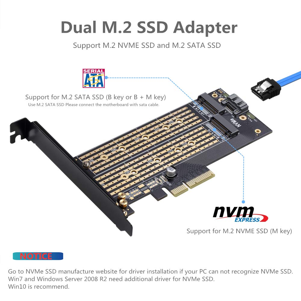 Dual M.2 PCIE Adapter for SATA or PCIE NVMe SSD with Advanced Heat Sink Solution,M.2 SSD NVME (m Key) and SATA (b Key) 22110 2280 2260 2242 2230 to PCI-e x 4 Host Controller Expansion Card