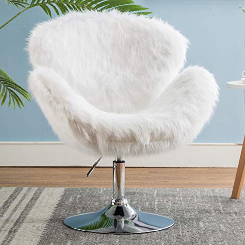 Vanity Chair for Bedroom Cute Home Office Chair Faux Fur Chairs for Teens Girls Dorm Chairs Comfy Adjustable Stool, White (Long Faux Fur)