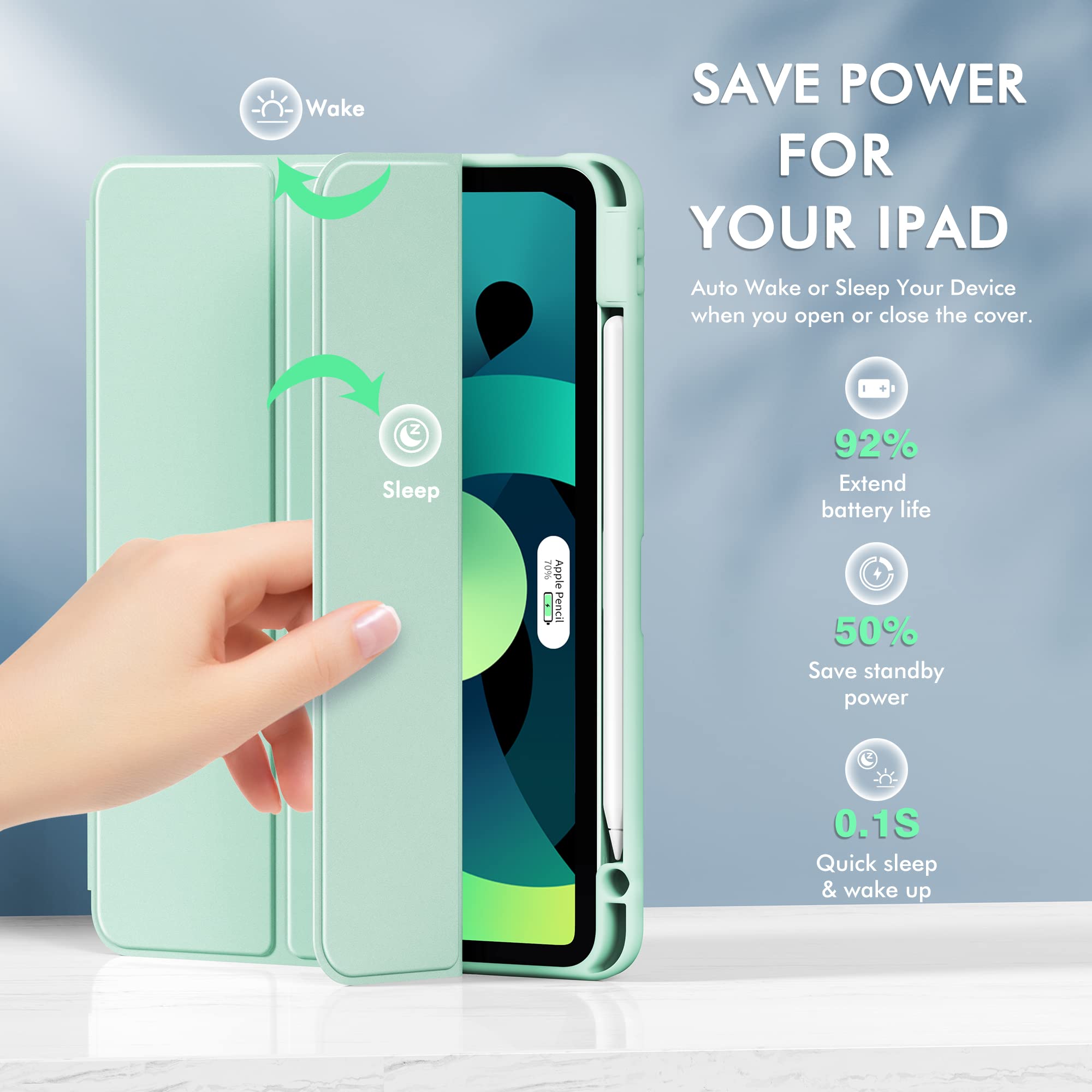 INFILAND Compatible with iPad Air 5 10.9 2022/iPad Air 4 10.9 2020, Ultra-Thin Shockproof TPU Case (with Translucent Matte Back) with Smart Auto Wake/Sleep Function, Mint Green