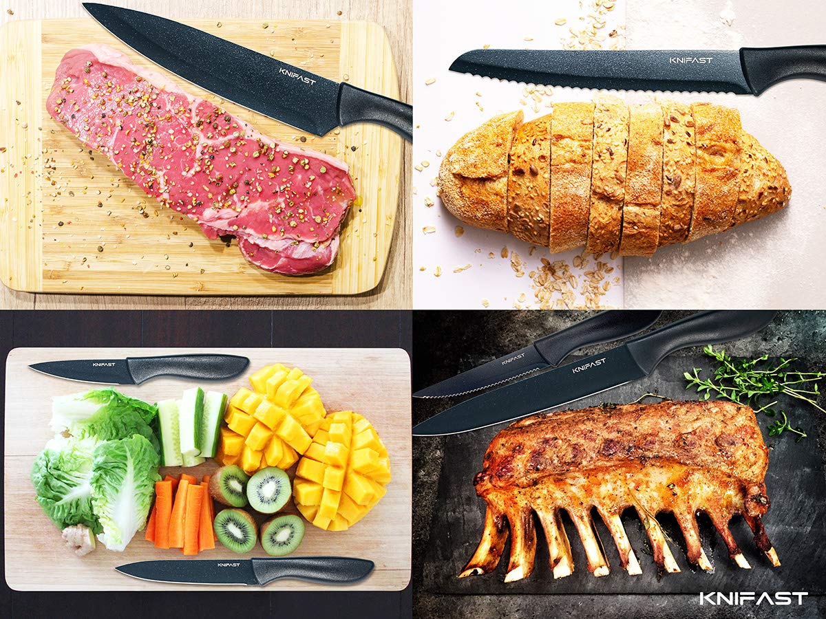 KNIFAST Knife Set Stainless Steel 18 Pieces with Block Dishwasher Safe, Kitchen Knives Set Chef Knife Set with Knife Sharpener, 6 Steak Knives with Peeler Scissors Cheese Pizza Knife and Acrylic Stand