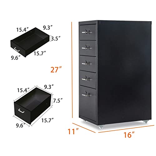 corpuwn 5 Drawer Mobile Storage Cabinet, 27" Metal Storage Dresser Cabinet with Castor Wheels,16" Deep Small Organization Chest for Home Office,Easy Assembly Without Screws,Black