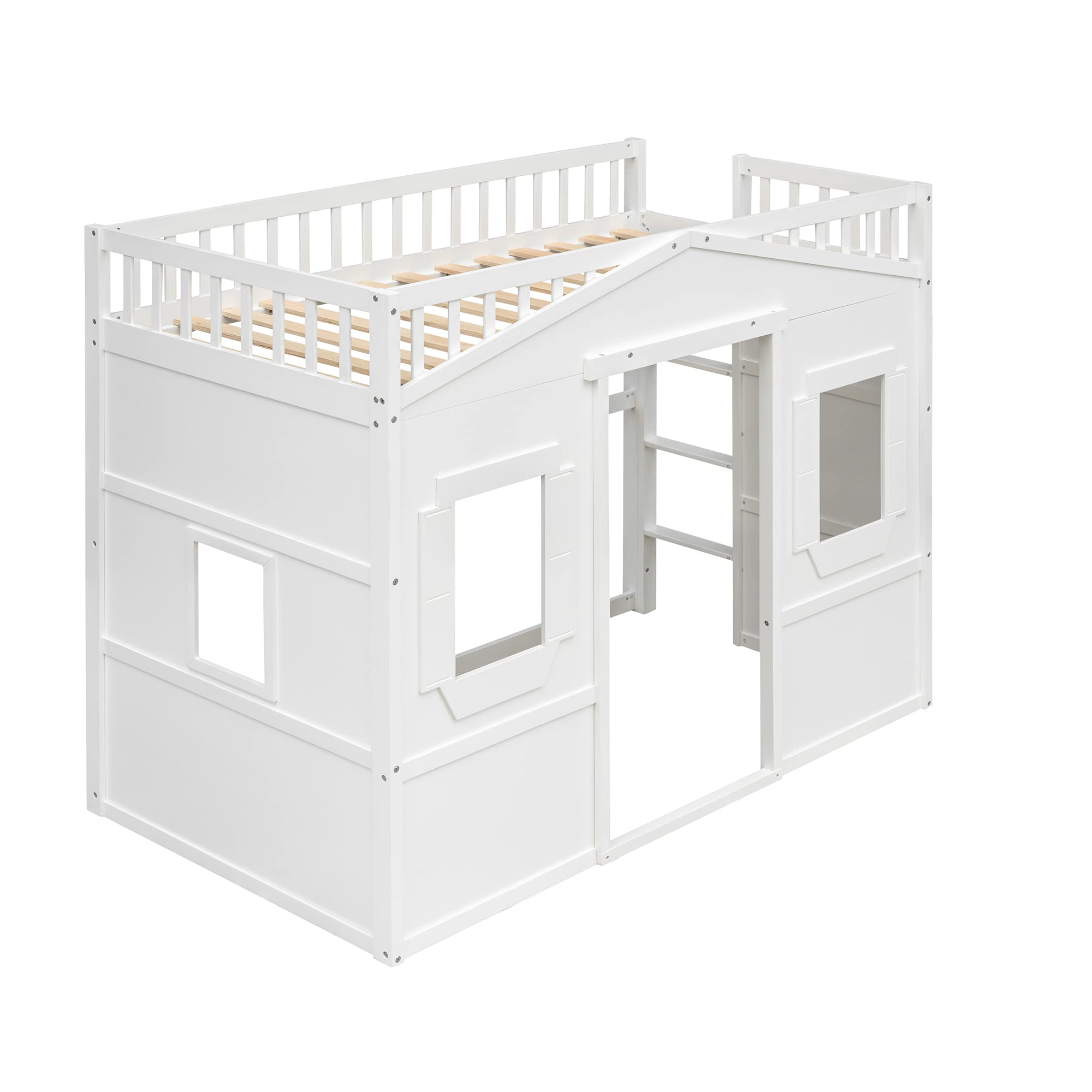 Twin House Loft Bed Frame for Kids, Wood Twin Loft Bed with Windows and Guardrail, Playhouse Bed, Twin Size Loft Bed for Boys & Girls, No Box Spring Needed, Underbed Height is 51 Inches, White