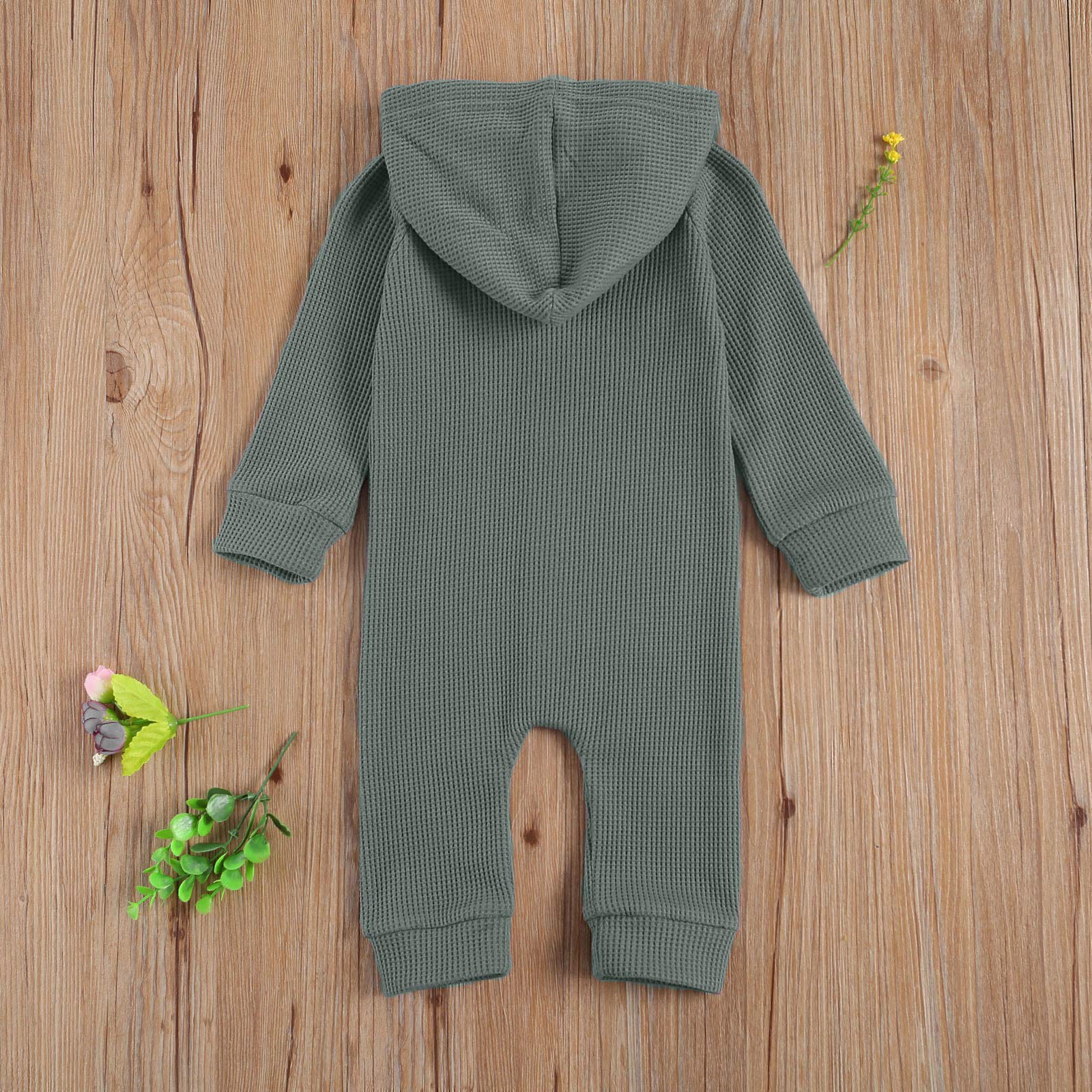 Kuriozud Newborn Unisex Baby Boy Girl Hoodie Romper Solid Long Sleeve One Piece Hooded Jumpsuit Waffle Outfit (Grey, 3-6 Months)