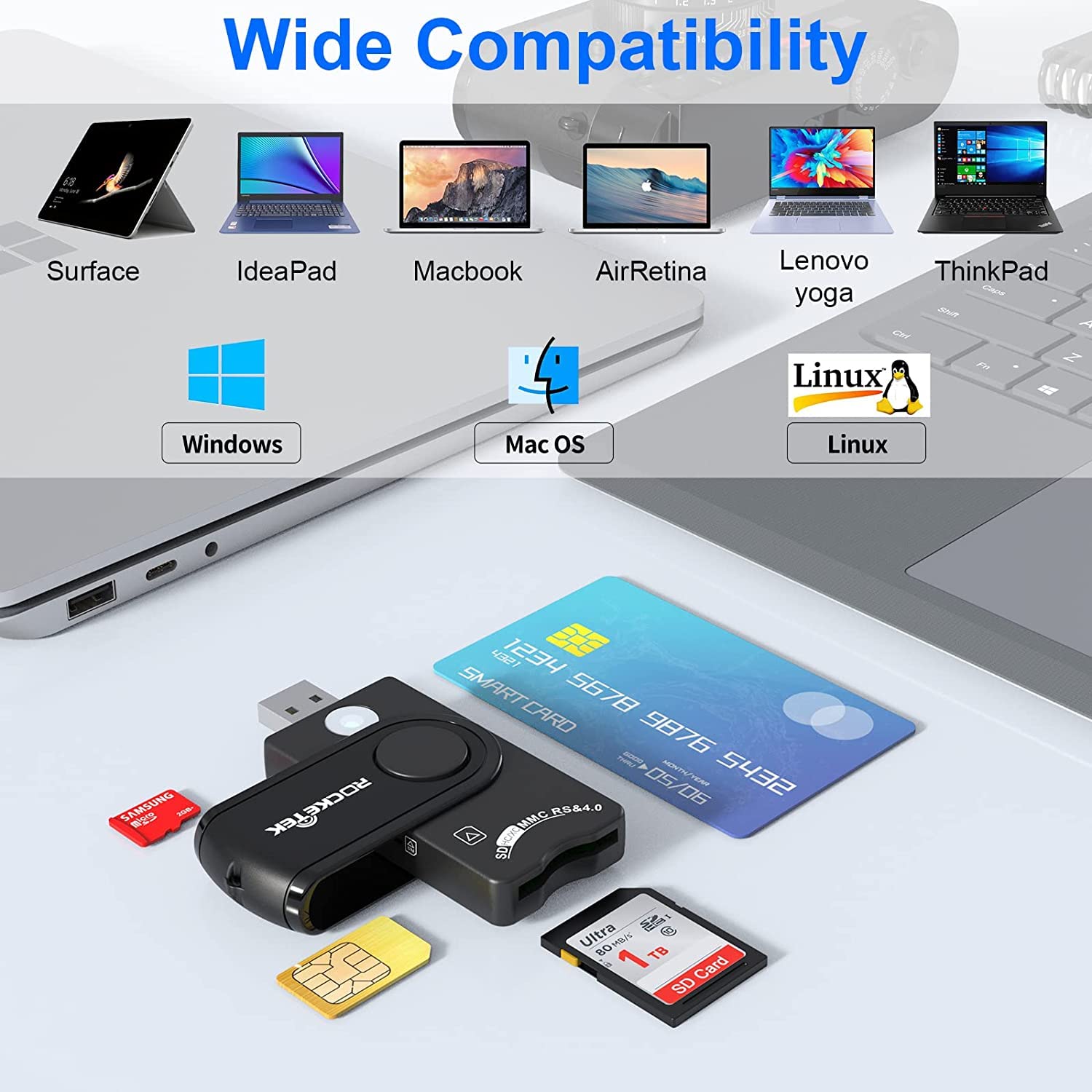 USB CAC Smart Card Reader, CAC/DOD Military, SDHC/SDXC/SD & Micro SD Card Reader for SIM and MMC RS & 4.0, Compatible with Windows, Linux/Unix, MacOS X