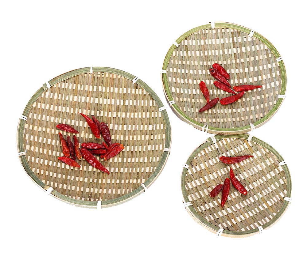3Packs 100% Handwoven Flat Wicker Round Fruit Bamboo Basket Woven Food Storage Weaved Shallow Tray Holder Bowl Decorative Rack Display for Food Fruit Serving Stand Decor (Green, 3Pcs Bulk Price)