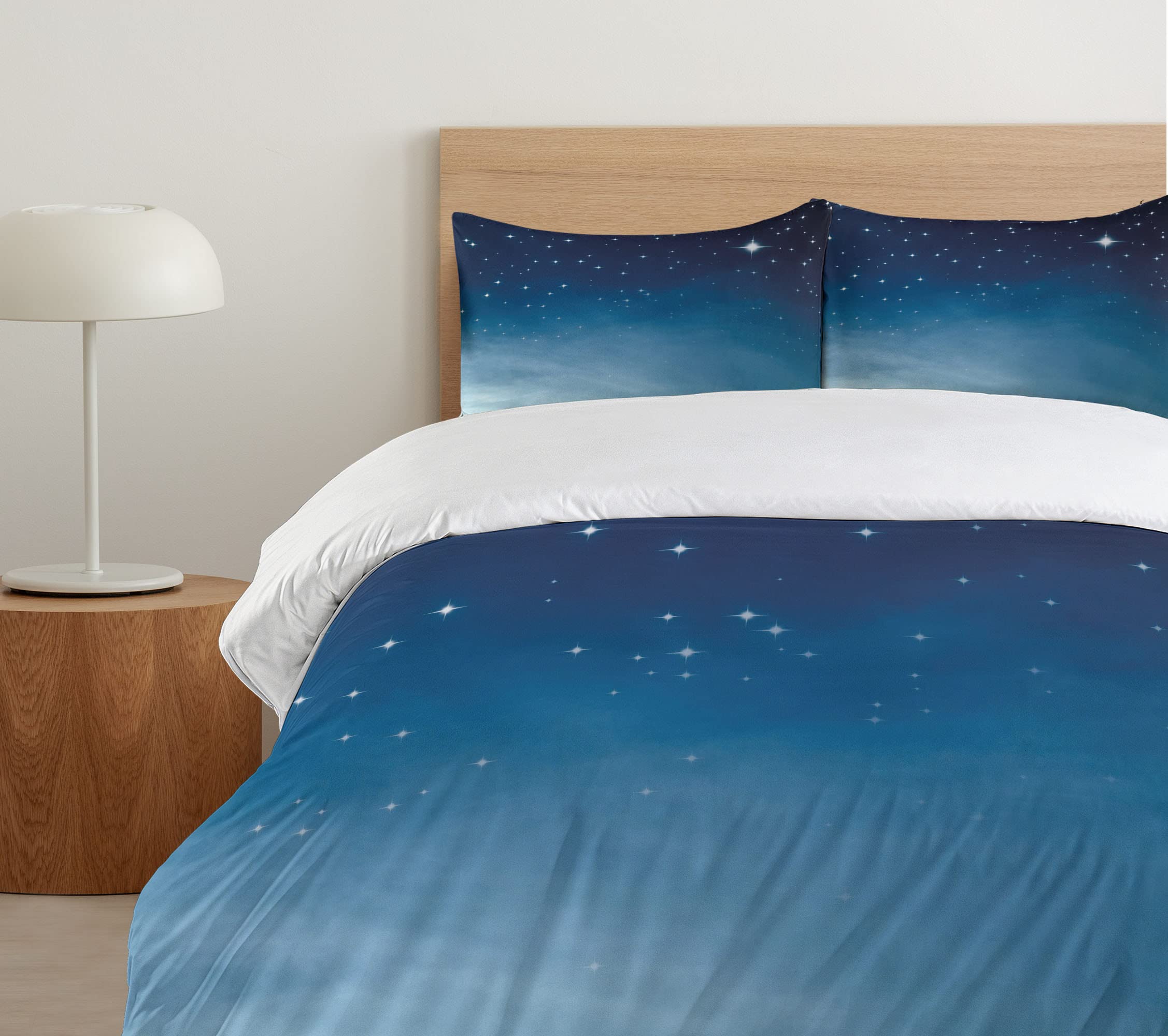 Ambesonne Night Duvet Cover Set, Ombre Inspired Sky Vibrant Stars Universe Astronomy Exploration, Decorative 3 Piece Bedding Set with 2 Pillow Shams, King Size, Pale Blue Dark Blue