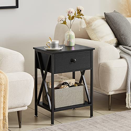 VECELO Modern Versatile Nightstands X-Design Side End Table Night Stand Storage Shelf with Bin Drawer for Living Room Bedroom, Set of 2 (Black)