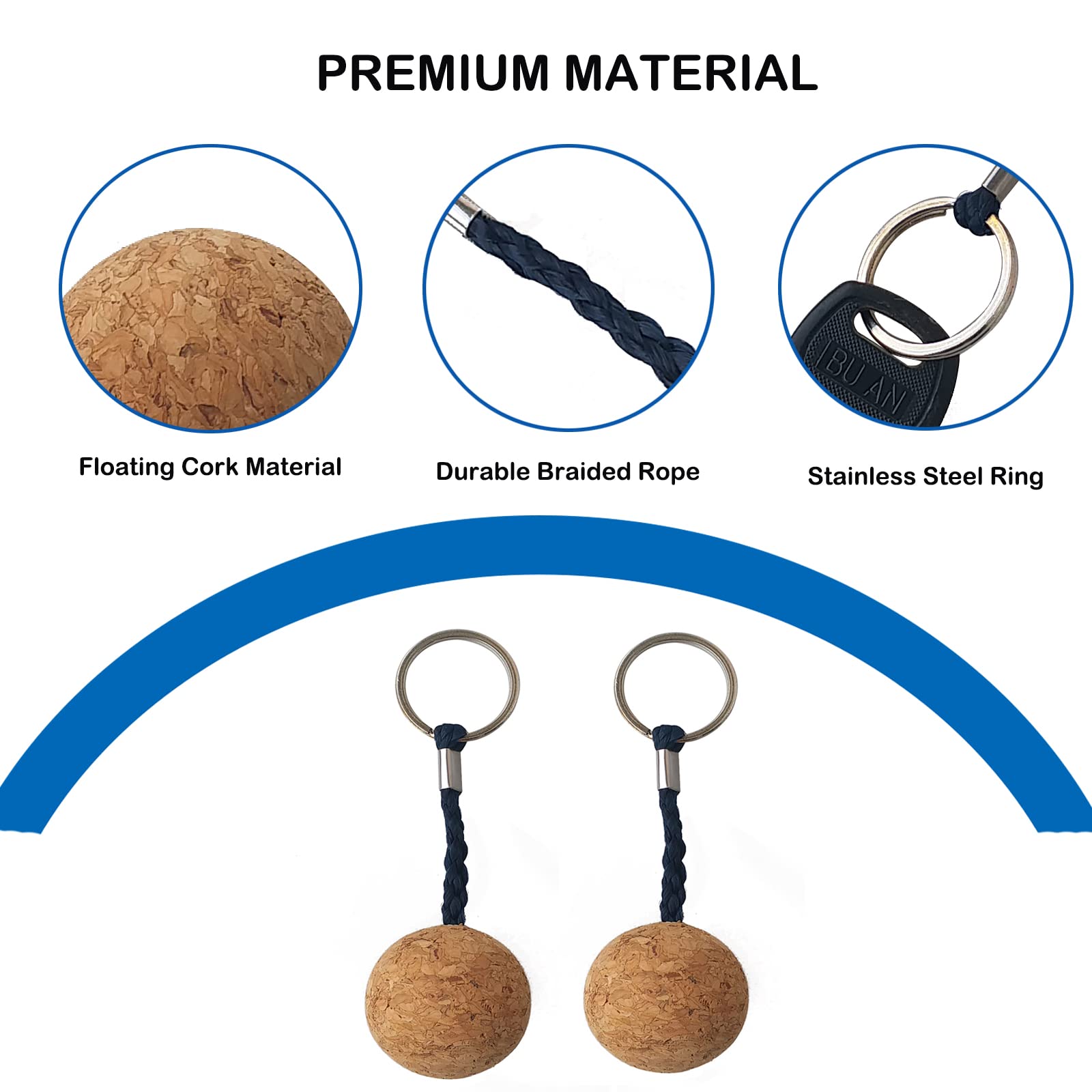 35mm Floating Cork Ball Keyring Float Keychain for Kayaking Boating Fishing Kite Surfing Sailing Kayak, Pack of 2