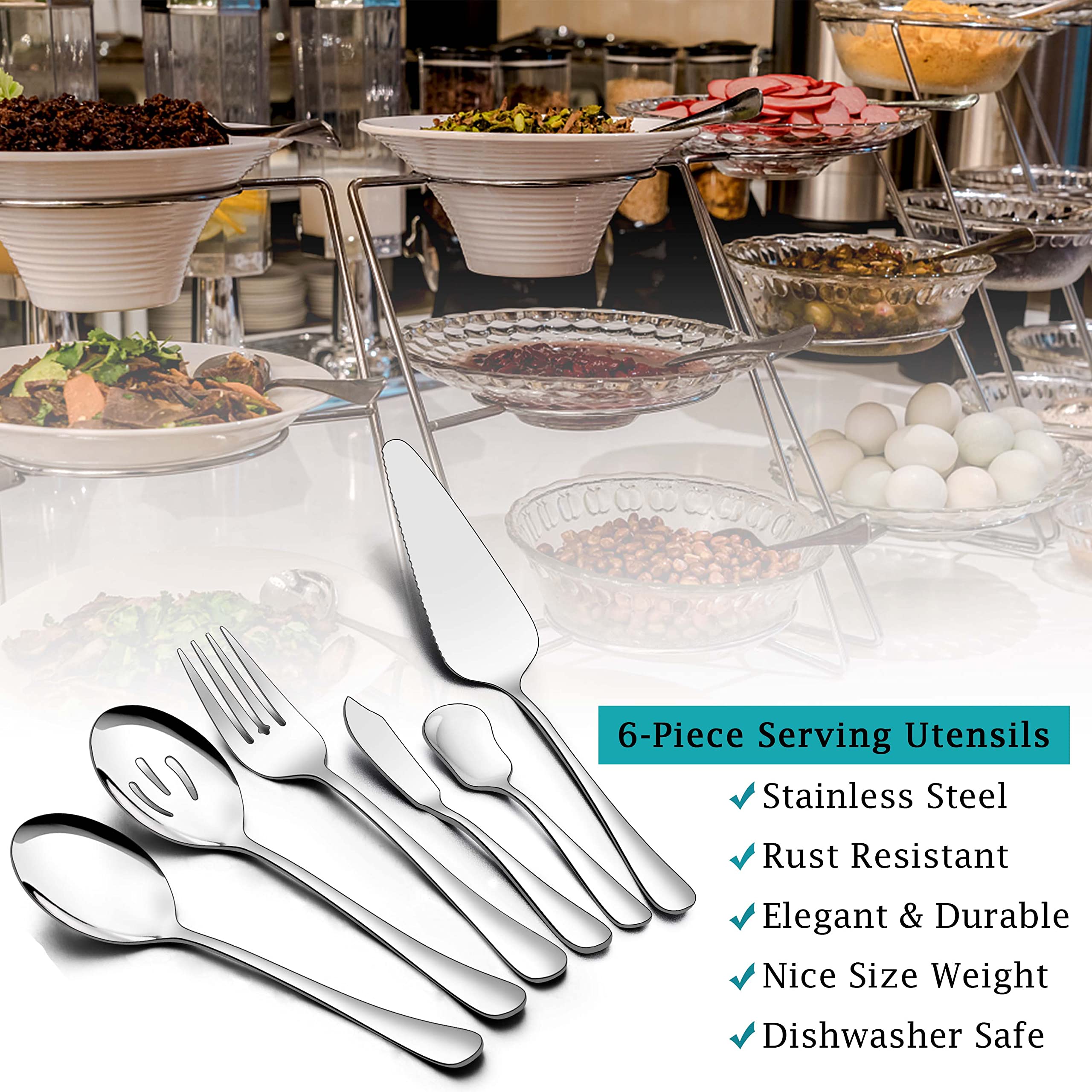 Homikit 6 Pieces Serving Utensils, Stainless Steel Serving Hostess Set, Metal Serving Silverware with Serving Spoons Fork, Pie Server, Butter Knife, Ice Cream Spoon, Mirror Polished, Dishwasher Safe