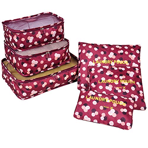 6 sets travel Organizers Packing Cubes Luggage Organizers Compression Pouches (Wine Daisy)